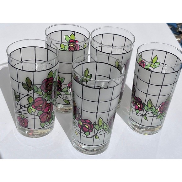 cutler | Kitchen | Red Rose Stained Glass Design 96s Cutler Hiball Glass 6 Pce Set Rare | Poshmark